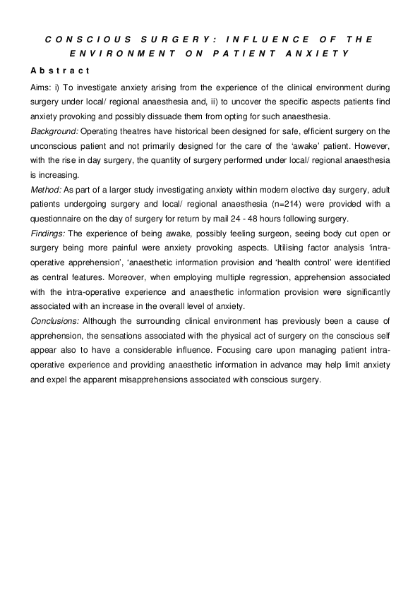 (PDF) Conscious surgery: influence of the environment on patient anxiety