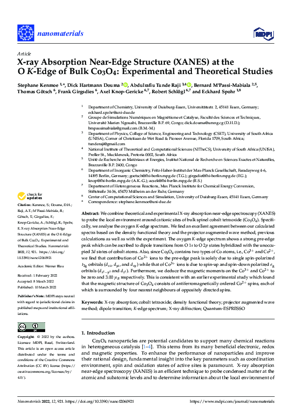 (PDF) X-ray Absorption Near-Edge Structure (XANES) at the O K-Edge of Bulk Co3O4: Experimental ...