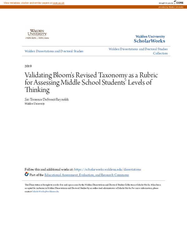 (PDF) Validating Bloom\u27s Revised Taxonomy as a Rubric for Assessing ...