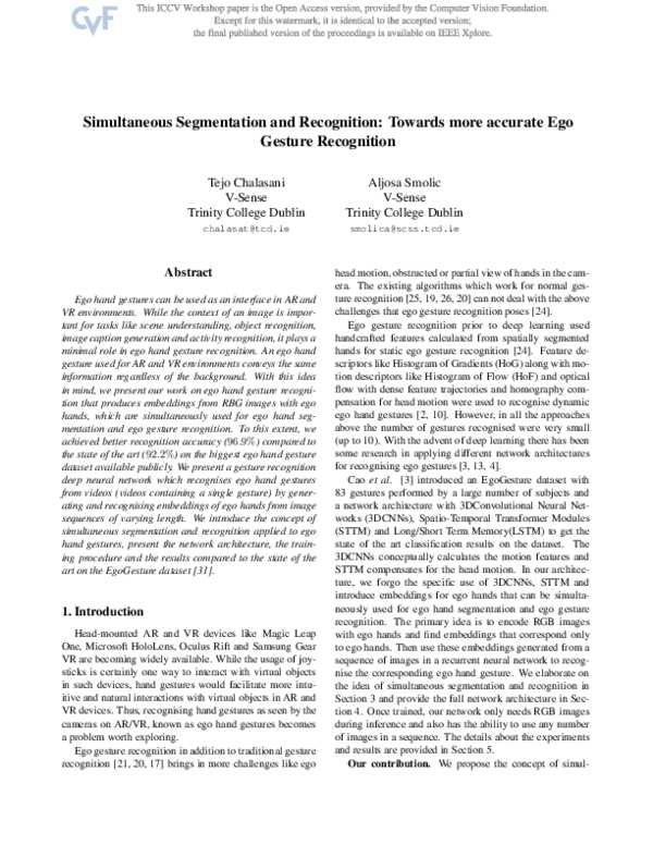 Pdf Simultaneous Segmentation And Recognition Towards More Accurate Ego Gesture Recognition