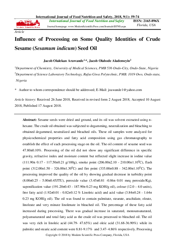 (PDF) Influence of Processing on Some Quality Identities of Crude Sesame ( Sesamum indicum ...