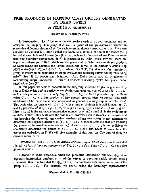 (PDF) Free products in mapping class groups generated by Dehn twists