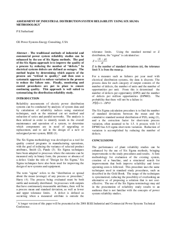 Pdf Assessment Of Industrial Distribution System Reliability Using