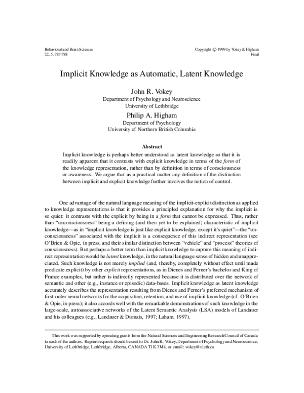 (PDF) Implicit knowledge as automatic, latent knowledge