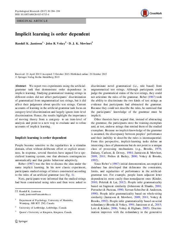 (PDF) Implicit learning is order dependent