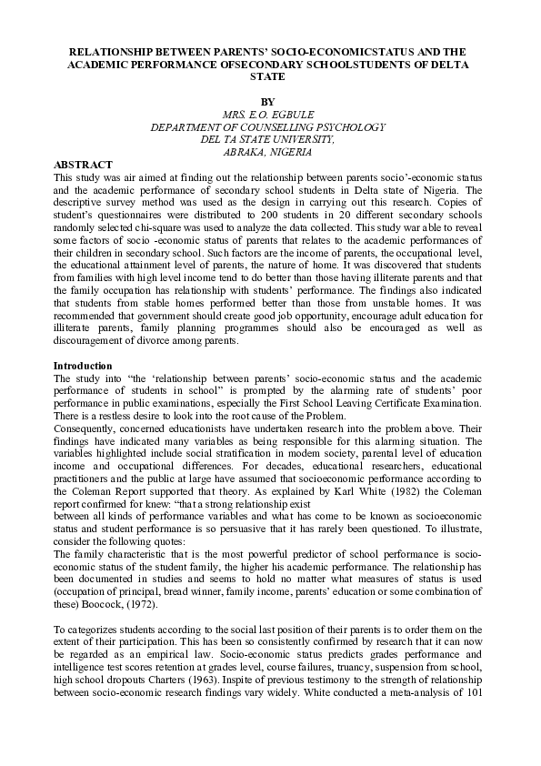 (DOC) . RELATIONSHIP BETWEEN PARENTS’ SOCIO-ECONOMIC STATUS AND THE ...