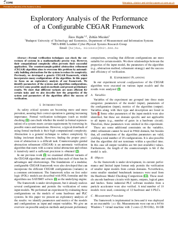 (PDF) Exploratory Analysis Of The Performance Of A Configurable Cegar Framework | Imre Micskei ...