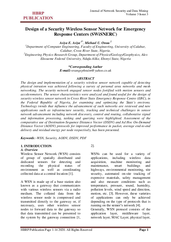 (PDF) Design of a Security Wireless Sensor Network for Emergency Response Centers (SWiSNERC)