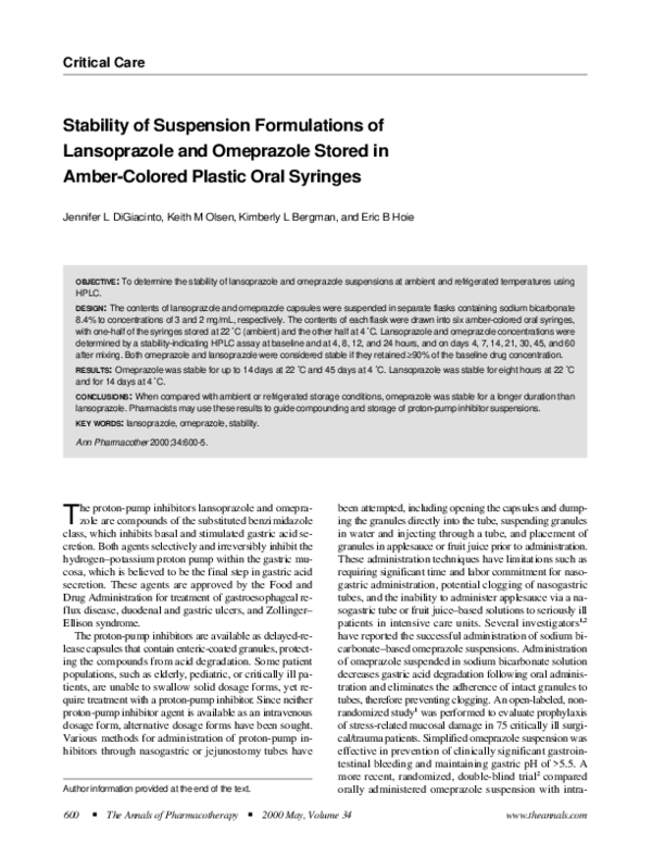 (PDF) Stability of Suspension Formulations of Lansoprazole and ...
