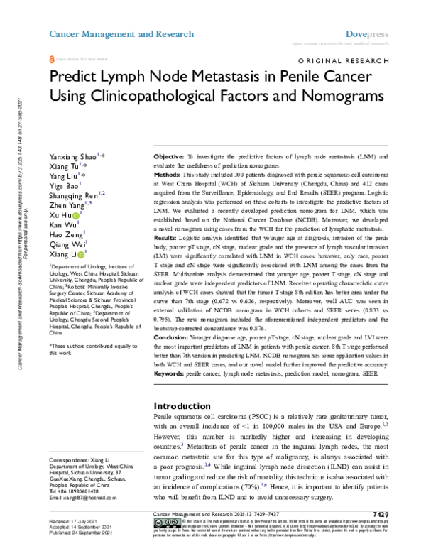 Pdf Predict Lymph Node Metastasis In Penile Cancer Using Clinicopathological Factors And Nomograms 