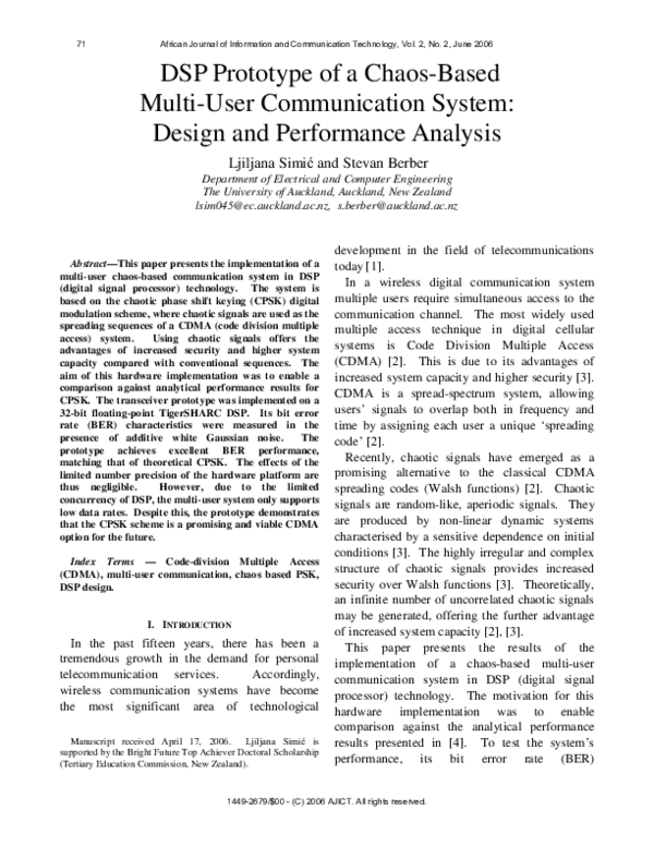Pdf Dsp Prototype Of A Chaos Based Multi User Communication System