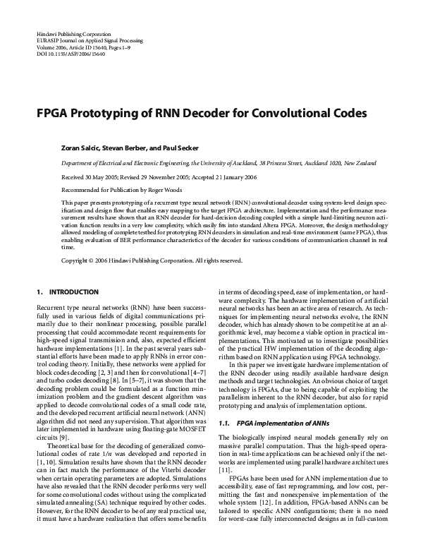 (PDF) FPGA Prototyping of RNN Decoder for Convolutional Codes