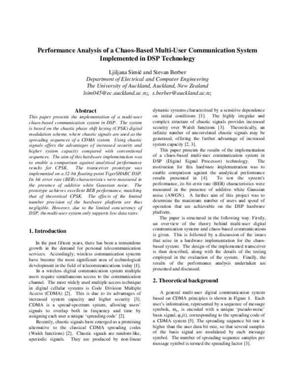 Pdf Performance Analysis Of A Chaos Based Multi User Communication
