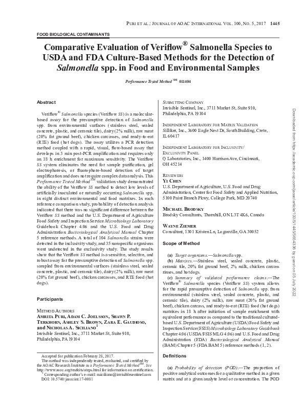 Pdf Comparative Evaluation Of Veriflow® Salmonella Species To Usda And Fda Culture Based