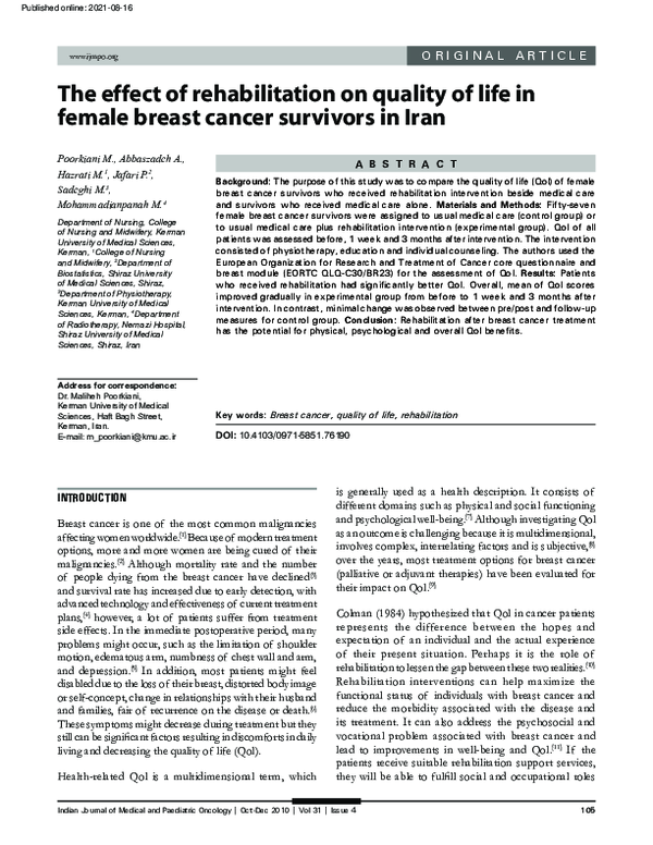 (PDF) The effect of rehabilitation on quality of life in female breast cancer survivors in Iran