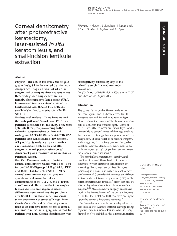 (PDF) Corneal densitometry after photorefractive keratectomy, laser-assisted in situ ...