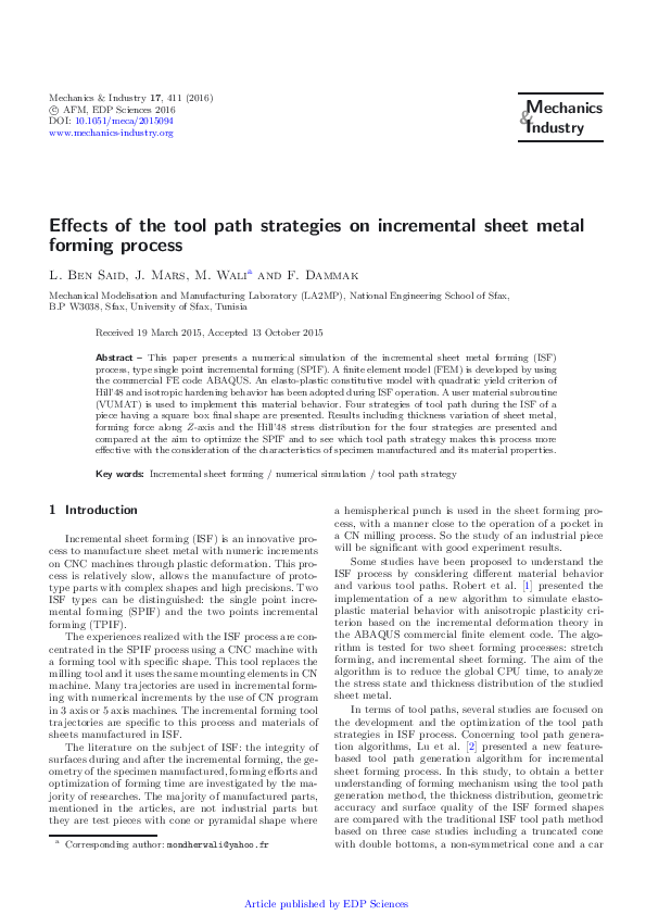 (PDF) Effects of the tool path strategies on incremental sheet metal forming process