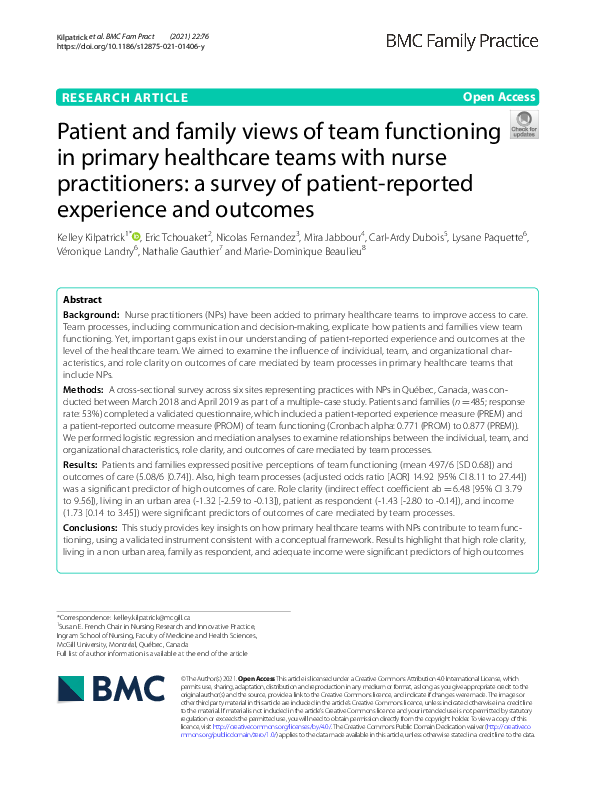 (PDF) Patient and family views of team functioning in primary ...