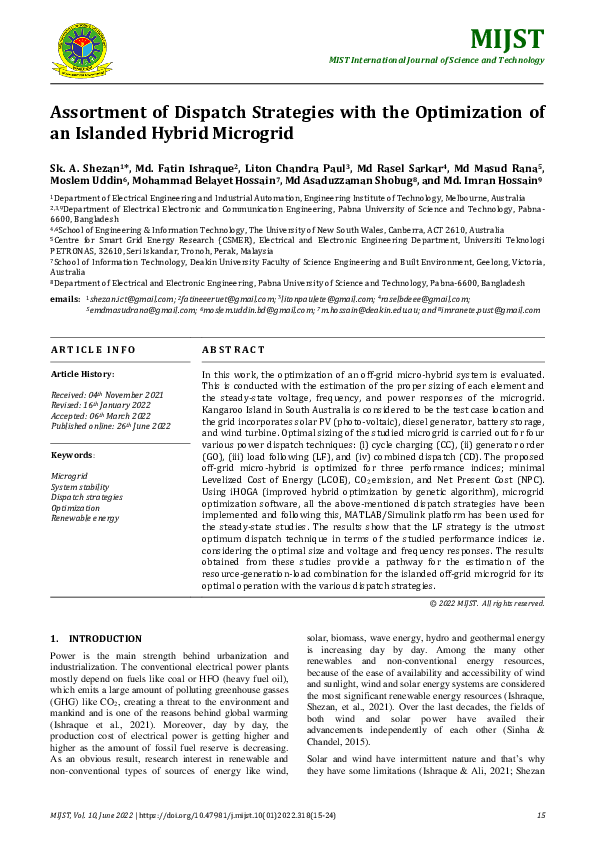 (PDF) Assortment of Dispatch Strategies with the Optimization of an Islanded Hybrid Microgrid