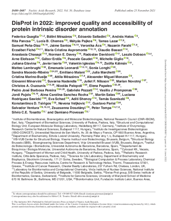 (PDF) DisProt in 2022: improved quality and accessibility of protein intrinsic disorder annotation