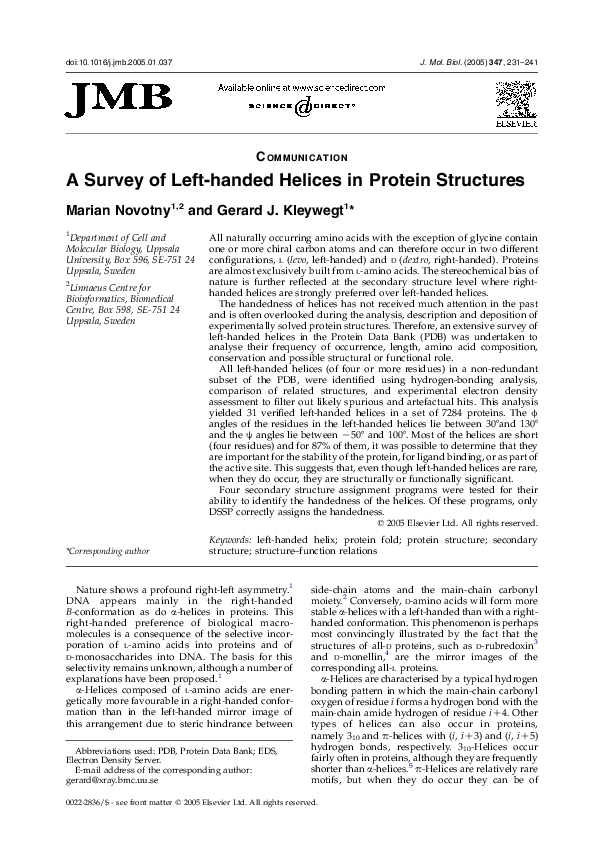 (PDF) A Survey of Left-handed Helices in Protein Structures