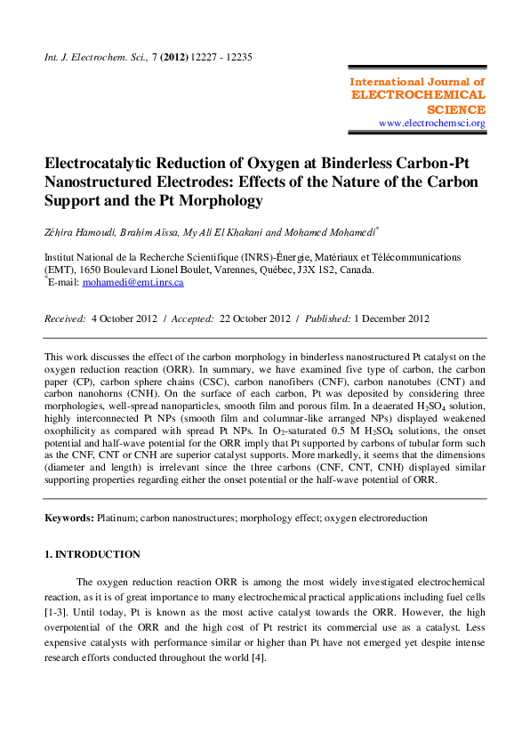 (PDF) Electrocatalytic reduction of oxygen at binderless carbon-Pt nanostructured electrodes ...