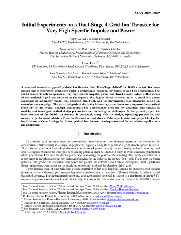 (PDF) Initial Experiments on a Dual-Stage 4-Grid Ion Thruster for Very ...