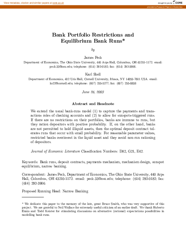 (PDF) Bank Portfolio Restrictions and Equilibrium Bank Runs*