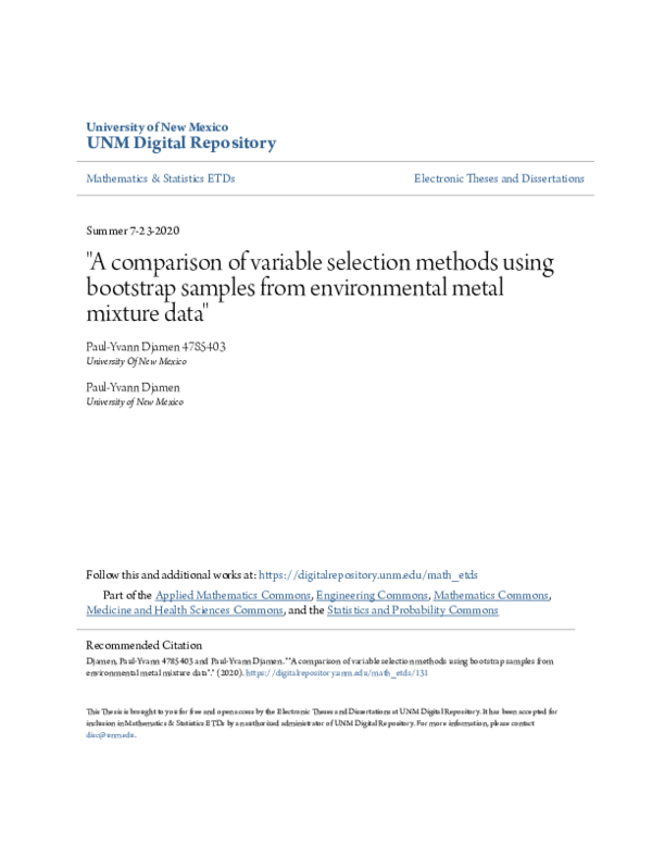 (PDF) A comparison of variable selection methods using bootstrap samples from environmental ...