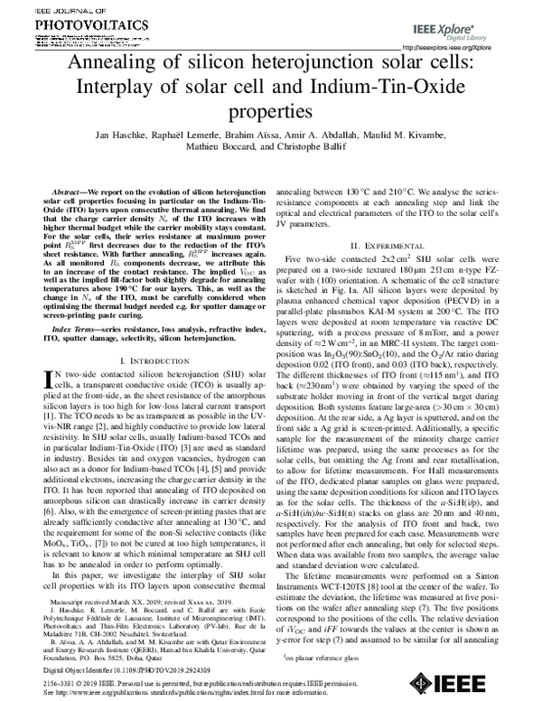 (PDF) Annealing of Silicon Heterojunction Solar Cells: Interplay of ...