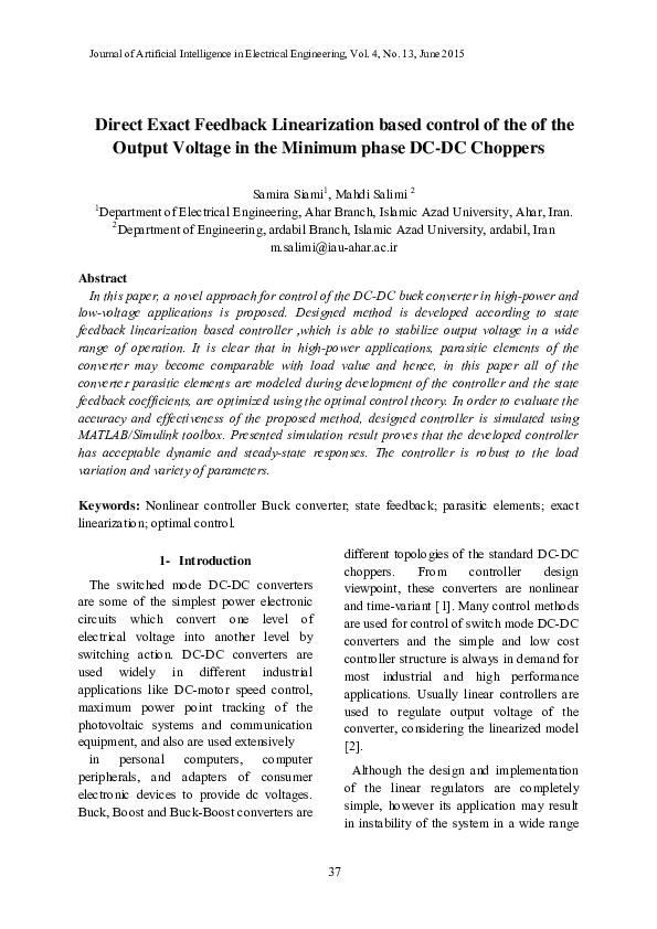 Pdf Direct Exact Feedback Linearization Based Control Of The Of The Output Voltage In The