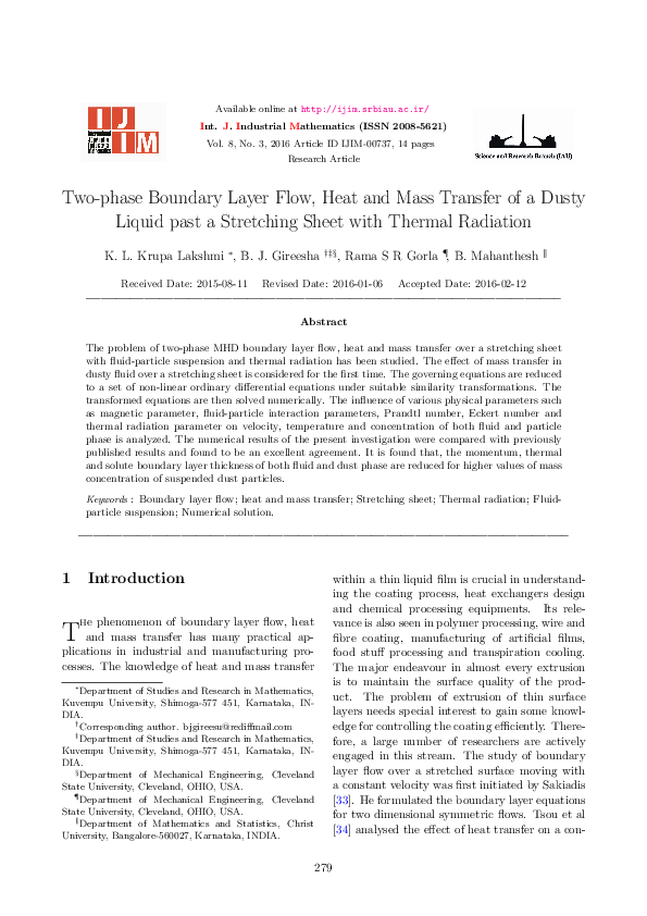 (PDF) Two-phase Boundary Layer Flow, Heat and Mass Transfer of a Dusty ...