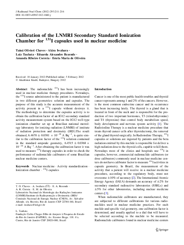 (PDF) Calibration of the LNMRI Secondary Standard Ionization Chamber ...