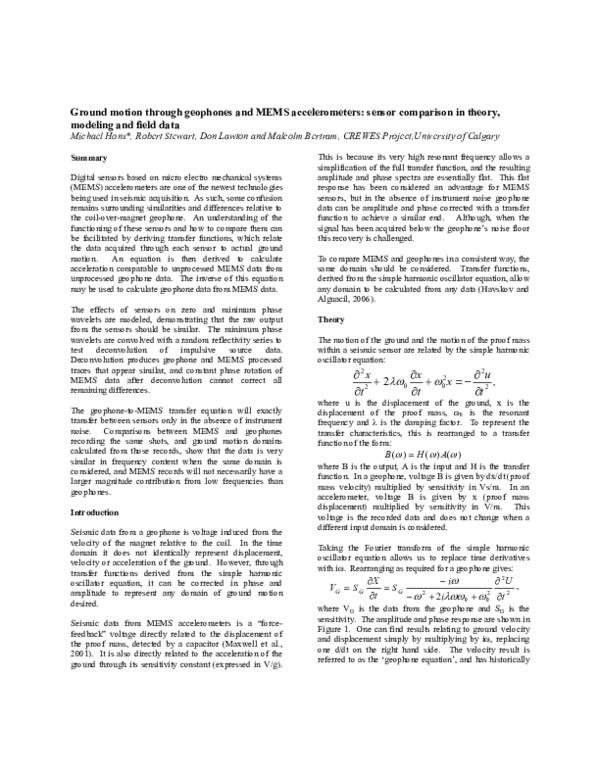Pdf Ground Motion Through Geophones And Mems Accelerometers Sensor Comparison In Theory
