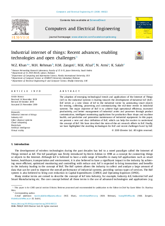 (PDF) Industrial internet of things: Recent advances, enabling technologies and open challenges