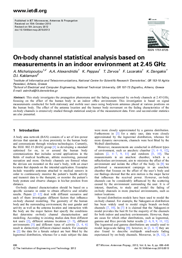 (PDF) On-body channel statistical analysis based on measurements in an ...