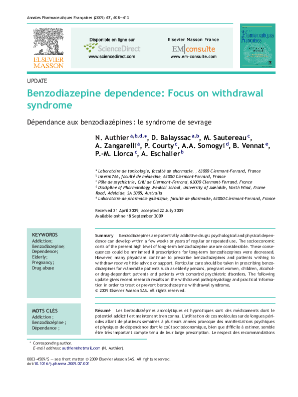 (PDF) Benzodiazepine dependence: Focus on withdrawal syndrome