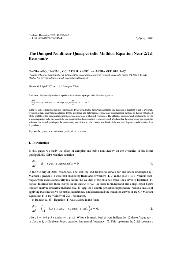 (PDF) The Damped Nonlinear Quasiperiodic Mathieu Equation Near 2:2:1 ...