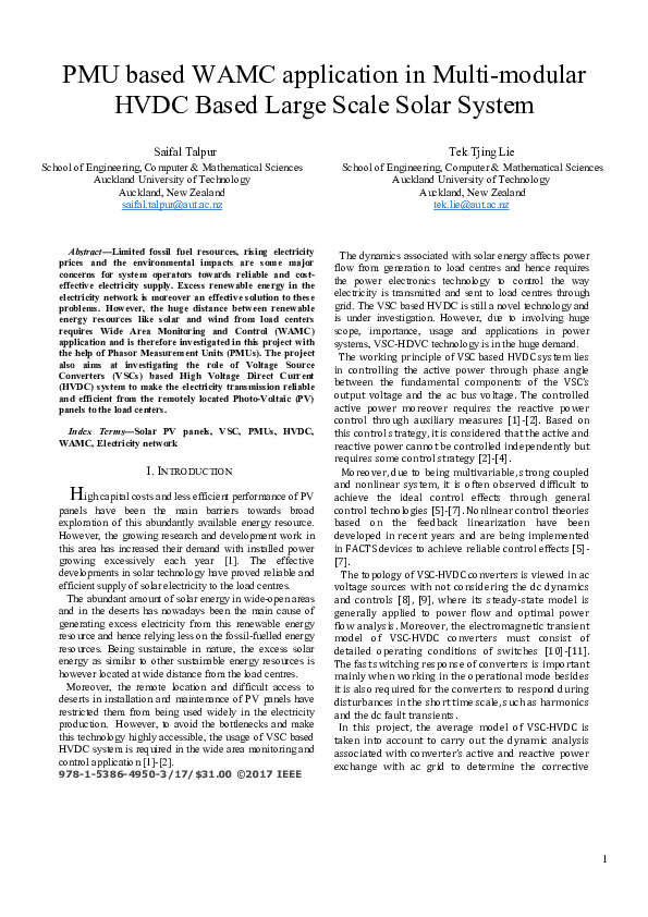 Pdf Pmu Based Wamc Application In Multi Modular Hvdc Based Large Scale Solar System Saifal