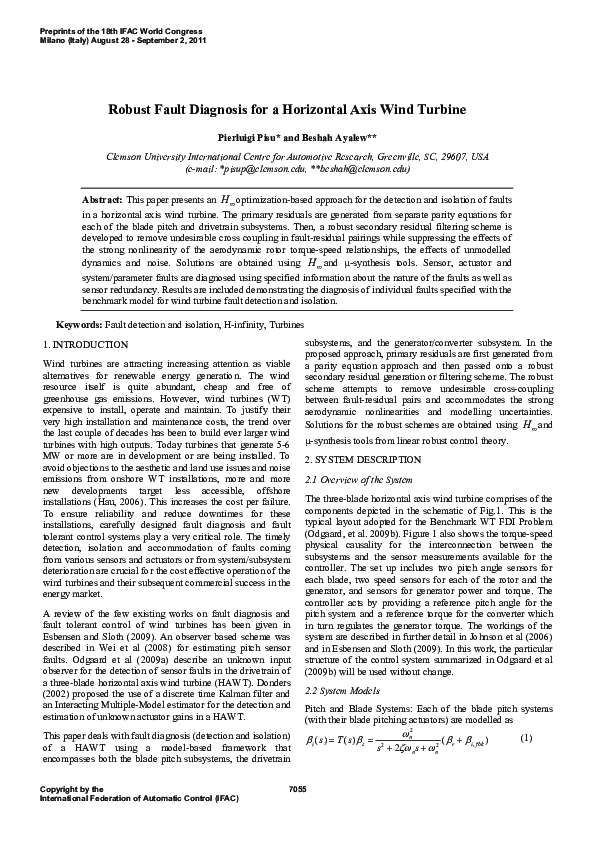 Pdf Robust Fault Diagnosis For A Horizontal Axis Wind Turbine