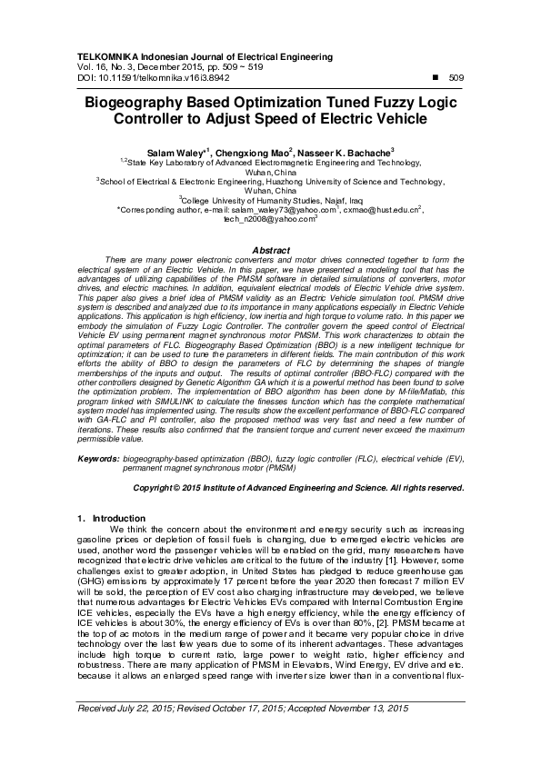(PDF) Biogeography Based Optimization Tuned Fuzzy Logic Controller to Adjust Speed of Electric ...