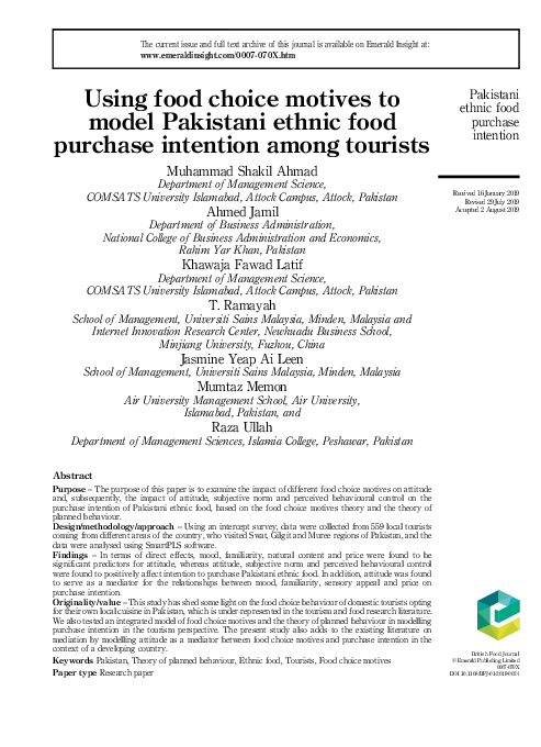 (PDF) Using food choice motives to model Pakistani ethnic food purchase ...
