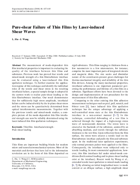 (PDF) Pure-shear Failure of Thin Films by Laser-induced Shear Waves