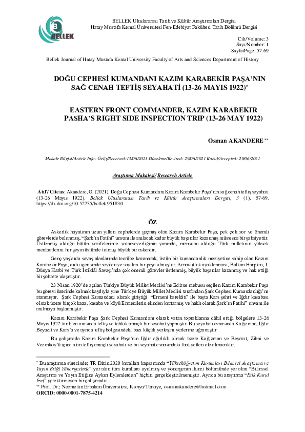 (PDF) Doğu Cephesi̇ Kumandani Kazim Karabeki̇r Paşa’Nin Sağ Cenah Tefti̇ş Seyahati̇ (13-26 Mayis ...