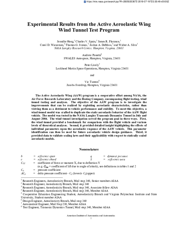 (PDF) Experimental Results from the Active Aeroelastic Wing Wind Tunnel ...