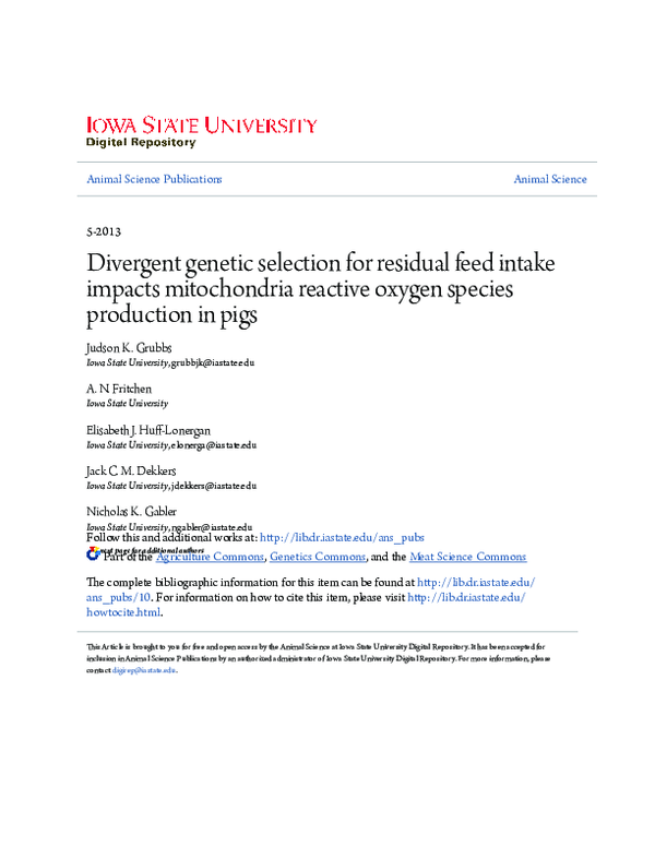 (PDF) Divergent genetic selection for residual feed intake impacts mitochondria reactive oxygen ...