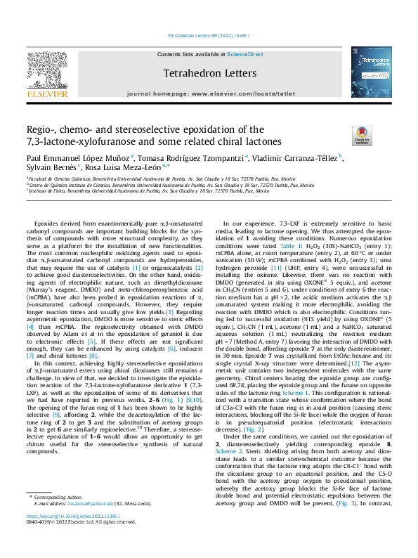 (PDF) Regio-, chemo- and stereoselective epoxidation of the 7,3-lactone ...