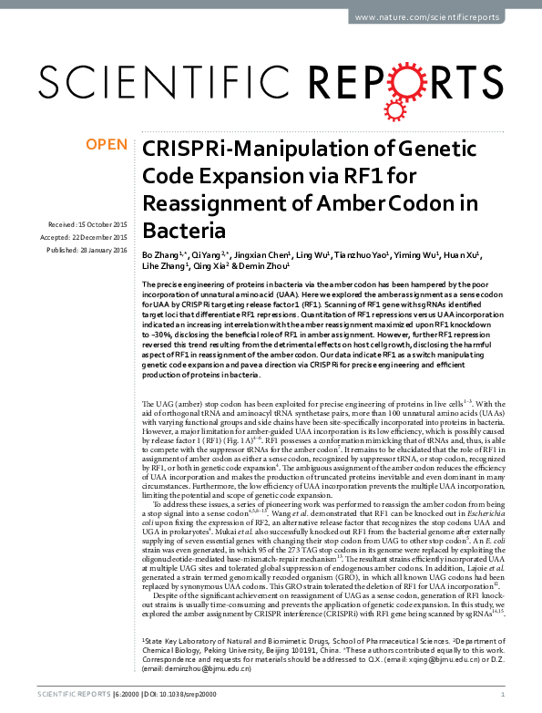 (PDF) CRISPRi-Manipulation of Genetic Code Expansion via RF1 for ...