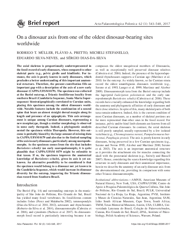 (PDF) On a dinosaur axis from one of the oldest dinosaur-bearing sites ...