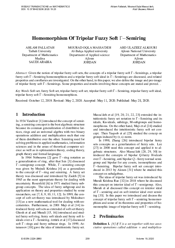 (PDF) Homomorphism of tripolar Fuzzy soft Γ-Semiring